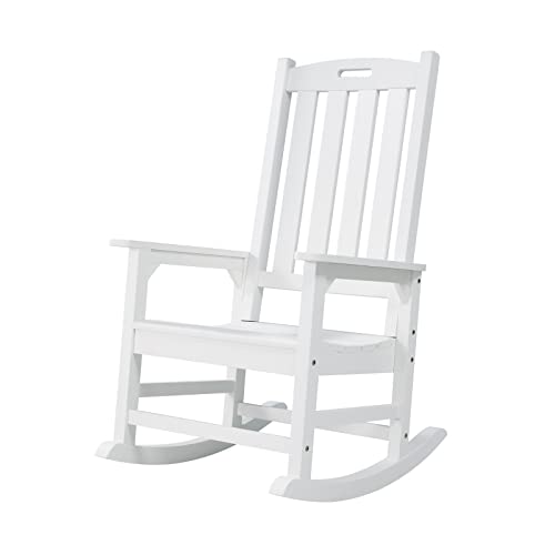 Psilvam Patio Rocking Chair, Poly Lumber Porch Rocker with High Back, 350Lbs Support Rocking Chairs for Both Outdoor and Indoor, Poly Rocker Chair Looks Like Real Wood (White)