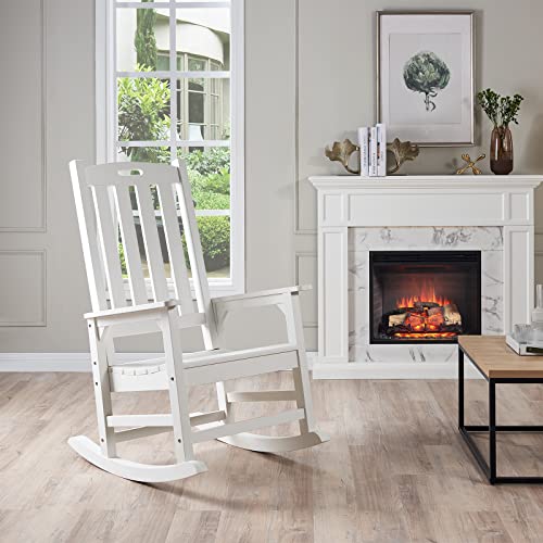 Psilvam Patio Rocking Chair, Poly Lumber Porch Rocker with High Back, 350Lbs Support Rocking Chairs for Both Outdoor and Indoor, Poly Rocker Chair Looks Like Real Wood (White)