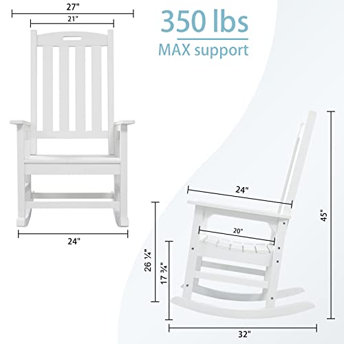 Psilvam Patio Rocking Chair, Poly Lumber Porch Rocker with High Back, 350Lbs Support Rocking Chairs for Both Outdoor and Indoor, Poly Rocker Chair Looks Like Real Wood (White)