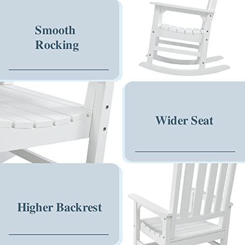 Psilvam Patio Rocking Chair, Poly Lumber Porch Rocker with High Back, 350Lbs Support Rocking Chairs for Both Outdoor and Indoor, Poly Rocker Chair Looks Like Real Wood (White)