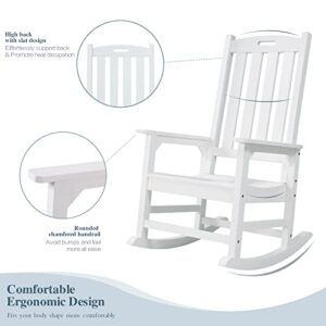 Psilvam Patio Rocking Chair, Poly Lumber Porch Rocker with High Back, 350Lbs Support Rocking Chairs for Both Outdoor and Indoor, Poly Rocker Chair Looks Like Real Wood (White)