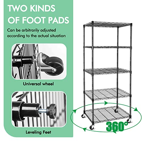 5-Shelf Adjustable,Heavy Duty Kitchen Shelf Organizer Rack,Kitchen Rack, Storage Shelving Unit on Wheel Casters,Steel Organizer Wire Rack, Metal Organizer Shelving Unit,Storage Shelf with Wheels