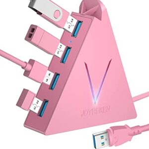 JoyReken 4-Port USB 3.0 Hub, FlyingVHUB Vertical Data USB Hub with 2 ft Extended Cable, for Mac, PC, Xbox One, PS4, PS5, iMac, Surface Pro, XPS, Laptop, Desktop, Flash Drive, Mobile HDD(Pink)