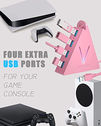 JoyReken 4-Port USB 3.0 Hub, FlyingVHUB Vertical Data USB Hub with 2 ft Extended Cable, for Mac, PC, Xbox One, PS4, PS5, iMac, Surface Pro, XPS, Laptop, Desktop, Flash Drive, Mobile HDD(Pink)