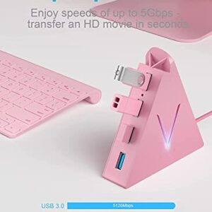 JoyReken 4-Port USB 3.0 Hub, FlyingVHUB Vertical Data USB Hub with 2 ft Extended Cable, for Mac, PC, Xbox One, PS4, PS5, iMac, Surface Pro, XPS, Laptop, Desktop, Flash Drive, Mobile HDD(Pink)