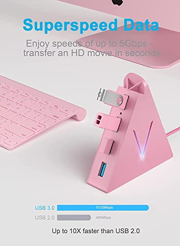 JoyReken 4-Port USB 3.0 Hub, FlyingVHUB Vertical Data USB Hub with 2 ft Extended Cable, for Mac, PC, Xbox One, PS4, PS5, iMac, Surface Pro, XPS, Laptop, Desktop, Flash Drive, Mobile HDD(Pink)