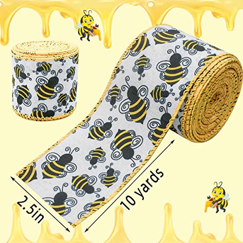 10 Yards Bee Wired Edge Ribbon Bumble Bee Burlap Ribbon Polyester Fabric Summer Bee Decorative Ribbons for Gift Wrapping DIY Craft Party Decoration Hair Bows All Crafting and Sewing (2.5 Inch)