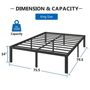 Artimorany King Size Bed Frame 14 Inch High, Heavy Duty Steel Slat Support 3000 Pounds, No Box Spring Needed Metal Platform, Noise Free, Easy Assembly Black