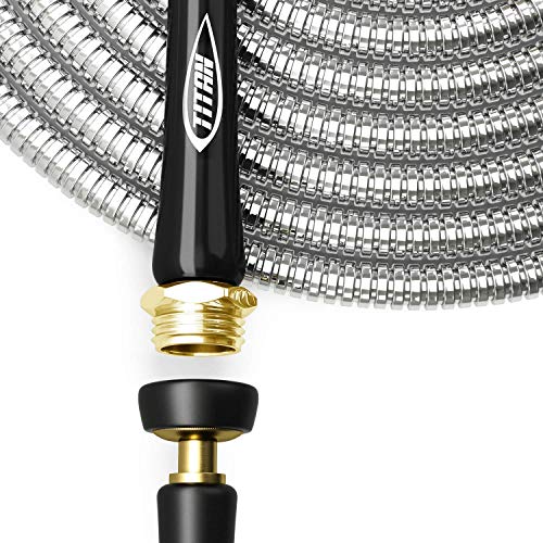 TITAN 9FT Metal Garden Hose - Flexible Water Hose with Solid 3/4" Brass Connectors 360 Degree Brass Jet Sprayer Nozzle - Lightweight Kink Free Strong and Durable Heavy Duty 304 Stainless Steel