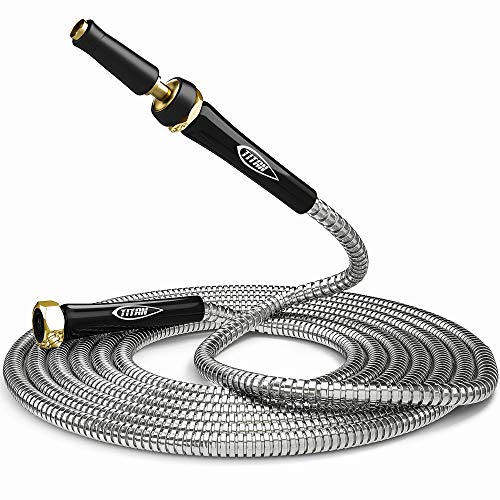 TITAN 9FT Metal Garden Hose - Flexible Water Hose with Solid 3/4" Brass Connectors 360 Degree Brass Jet Sprayer Nozzle - Lightweight Kink Free Strong and Durable Heavy Duty 304 Stainless Steel