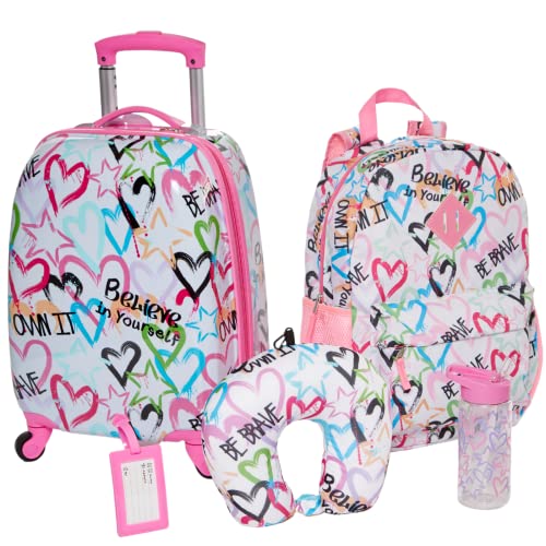 RALME 5 Pc. Girls’ Rolling Suitcase Set with Backpack, Neck Pillow, Water Bottle, and Luggage Tag