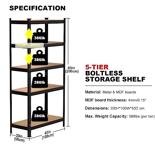 Vandise 5 Tier Heavy Duty Shelving Adjustable Utility Shelf Metal Shelve Steel Storage Rack with MDF Boards, 1929lbs Load Capacity for Garage, Kitchen Commercial (80H x 40W x 20D inch, Black)