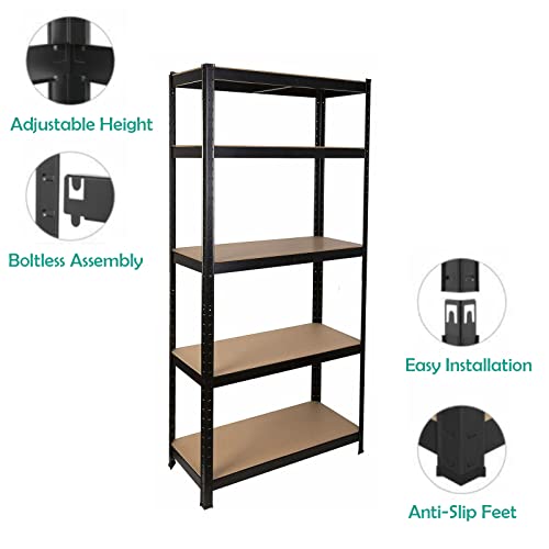 66" Storage Shelves, Heavy Duty Steel Frame 5-Tier Garage Shelving Unit, Metal Multi-Use Storage Rack for Home/Office/Dormitory/Garage, Adjustable Height Bolt-Free Easy Installation, Black