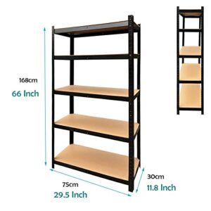 66" Storage Shelves, Heavy Duty Steel Frame 5-Tier Garage Shelving Unit, Metal Multi-Use Storage Rack for Home/Office/Dormitory/Garage, Adjustable Height Bolt-Free Easy Installation, Black