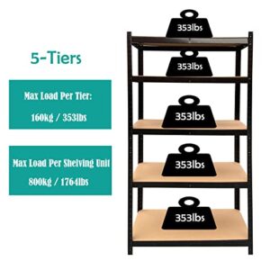 66" Storage Shelves, Heavy Duty Steel Frame 5-Tier Garage Shelving Unit, Metal Multi-Use Storage Rack for Home/Office/Dormitory/Garage, Adjustable Height Bolt-Free Easy Installation, Black