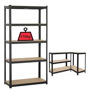 39 x 20 x 77in utility shelving unit storage rack, 5-tier adjustable industrial heavy duty metal garage shelving unit, 386lbs load capacity per tier with anti-slip feet, boltless installation, black