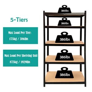 39 x 20 x 77in Utility Shelving Unit Storage Rack, 5-Tier Adjustable Industrial Heavy Duty Metal Garage Shelving Unit, 386lbs Load Capacity per Tier with Anti-Slip Feet, Boltless Installation, Black