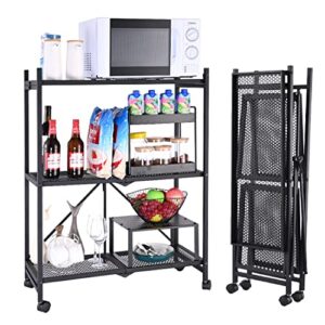 rokiatek 3-shelf foldable storage shelves with wheels, large capacity metal standing shelving unit, no assembly heavy duty organizer rack for kitchen, garage, basement, pantry, matte black