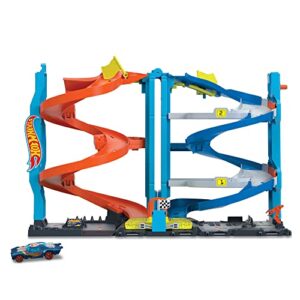 hot wheels toy car track set city transforming race tower, single to dual-mode racing, with 1:64 scale car