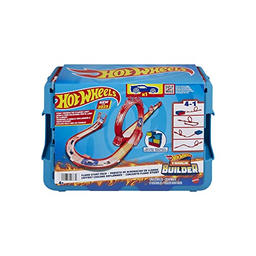 Hot Wheels Track Builder Playset Flame Stunt Pack with 16 Component Parts & 1:64 Scale Toy Car in Storage Container