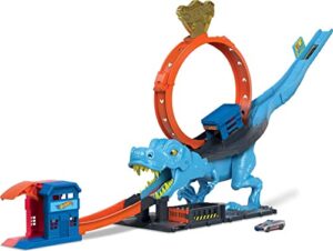 hot wheels city track set with 1 toy car, race through a giant loop to defeat a big dinosaur, t-rex loop stunt and race playset