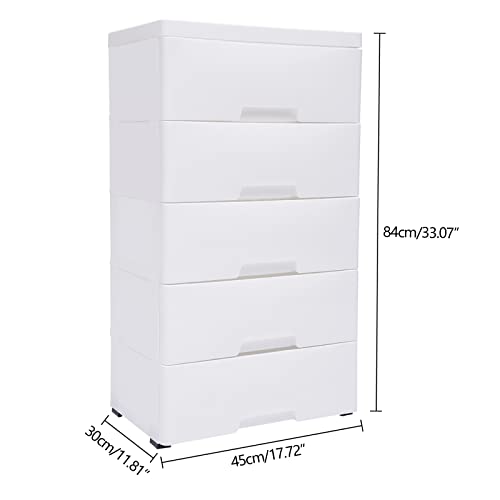 WOQLIBE White Plastic Storage Dressers,with 5 Drawers,File Vertical Cabinet with Wheel Casters for Playroom Bedroom Hallway Entryway Furniture,17.72''D x 11.81''W x 33.07''H(White)