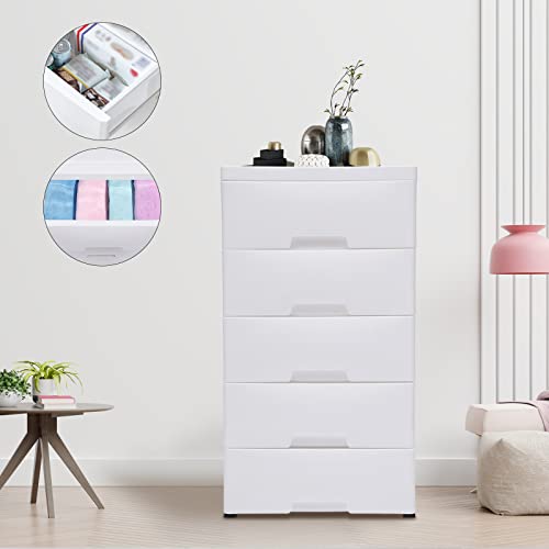 WOQLIBE White Plastic Storage Dressers,with 5 Drawers,File Vertical Cabinet with Wheel Casters for Playroom Bedroom Hallway Entryway Furniture,17.72''D x 11.81''W x 33.07''H(White)