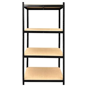 Shelves for Storage, Garage Racking Shelving Unit, 4 Tier Heavy Duty Shelf Unit for Shed Warehouse Workshop Garden, 63" H x 31" W x 16" D, Black, Metal & MDF Boltless Assembly System