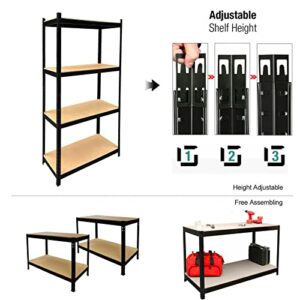 Shelves for Storage, Garage Racking Shelving Unit, 4 Tier Heavy Duty Shelf Unit for Shed Warehouse Workshop Garden, 63" H x 31" W x 16" D, Black, Metal & MDF Boltless Assembly System