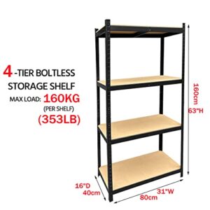 Shelves for Storage, Garage Racking Shelving Unit, 4 Tier Heavy Duty Shelf Unit for Shed Warehouse Workshop Garden, 63" H x 31" W x 16" D, Black, Metal & MDF Boltless Assembly System