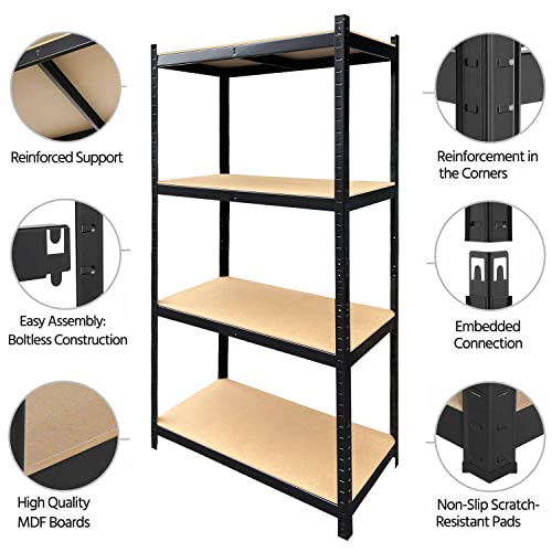 Shelves for Storage, Garage Racking Shelving Unit, 4 Tier Heavy Duty Shelf Unit for Shed Warehouse Workshop Garden, 63" H x 31" W x 16" D, Black, Metal & MDF Boltless Assembly System