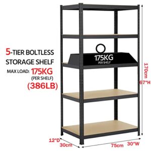 5 Tier Shelving Unit Storage Units Heavy Duty Metal Shelves for Warehouse/Garage/Shed/Workshop/Commercial/Industrial/Kitchen, 1929LB Capacity(386LB per Shelf), 67" H x 30" W x 12" D Black