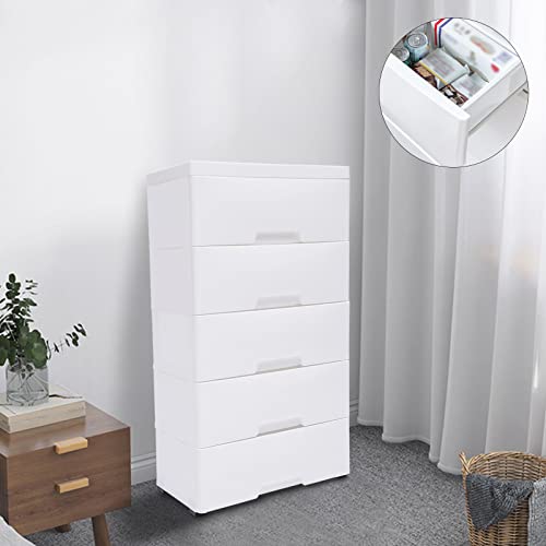 LOYALHEARTDY Plastic Drawers Dresser, Storage Cabinet with 5 Drawers, Closet Drawers Tall Dresser Organizer, Vertical Clothes Storage Tower for Clothes, Toys, Playroom, Bedroom Furniture, White