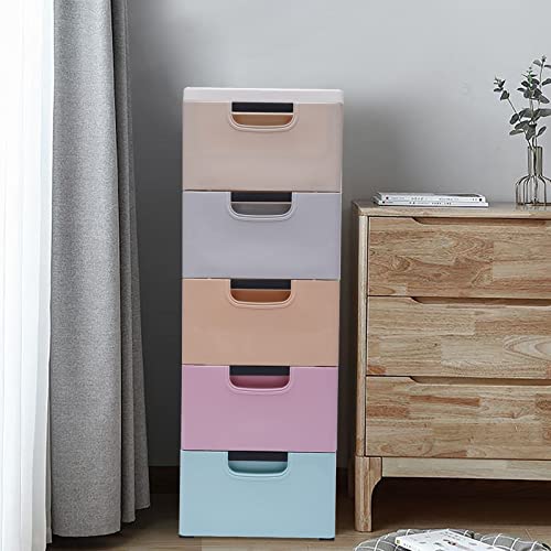 WOQLIBE Dresser Drawer Organizers,Plastic Dresser with 5 Drawers, Tall Storage Cabinet with Wheel, Dresser Drawer Organizers for Clothing/Bedroom/Playing Room,16x12x33 in(Light Elegant)