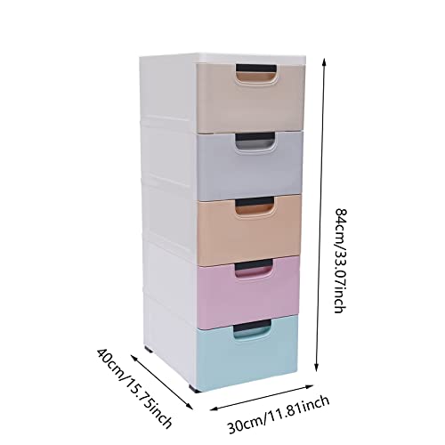 WOQLIBE Dresser Drawer Organizers,Plastic Dresser with 5 Drawers, Tall Storage Cabinet with Wheel, Dresser Drawer Organizers for Clothing/Bedroom/Playing Room,16x12x33 in(Light Elegant)