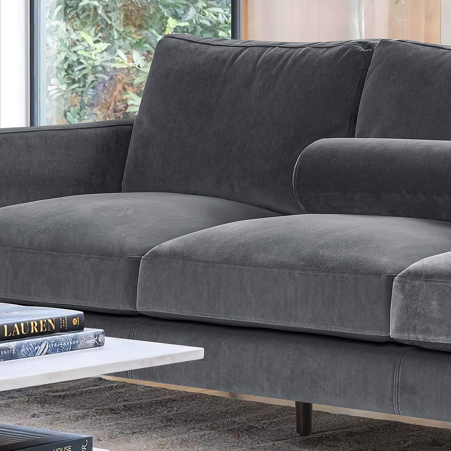 YESHOMY Rivet Mid-Century Upholstered Modern Sofa Couch No Assembly Required Loveseat with Sturdy Wooden Feet, 77" W, Dark Gray Without Shaded Velvet