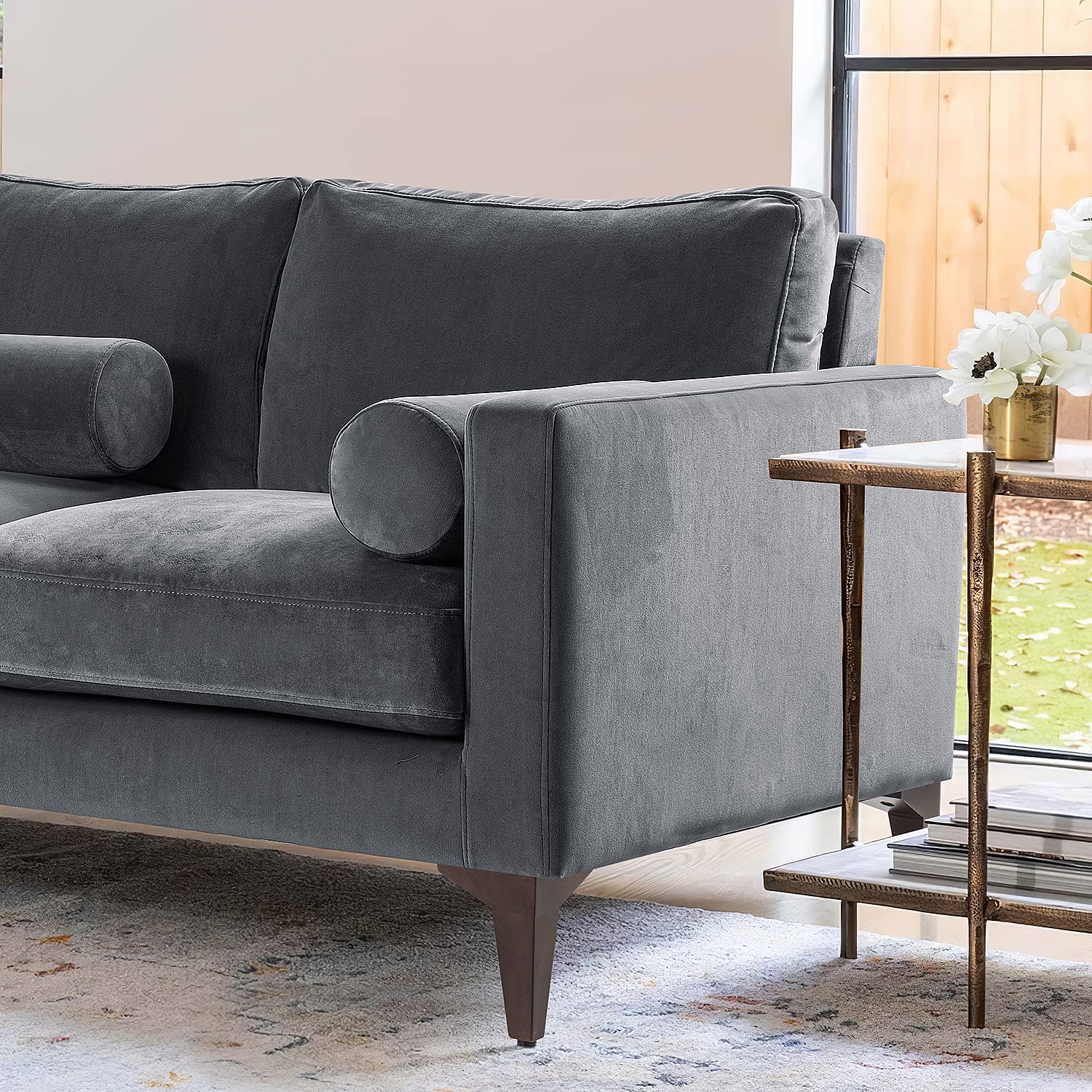 YESHOMY Rivet Mid-Century Upholstered Modern Sofa Couch No Assembly Required Loveseat with Sturdy Wooden Feet, 77" W, Dark Gray Without Shaded Velvet