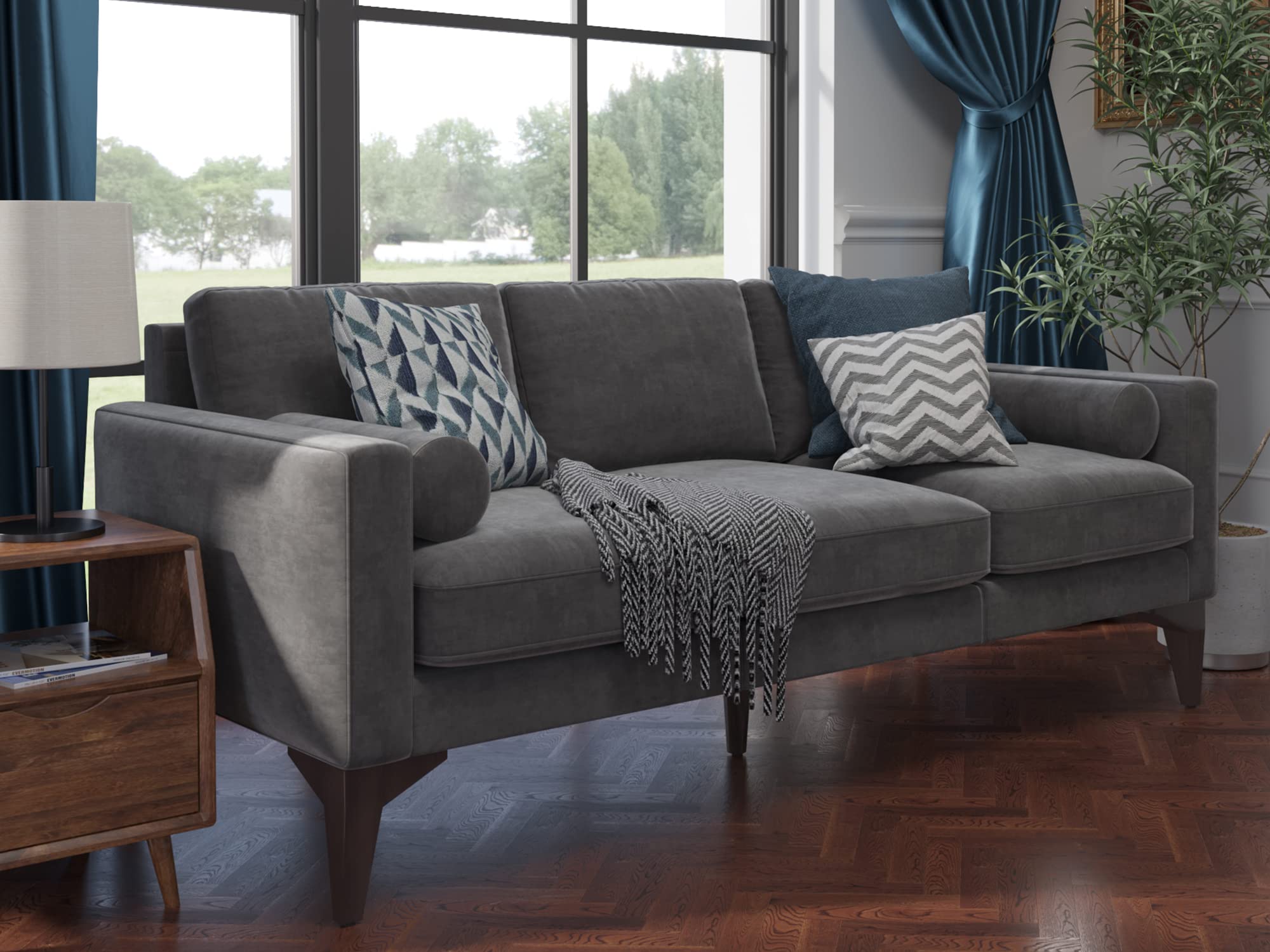 YESHOMY Rivet Mid-Century Upholstered Modern Sofa Couch No Assembly Required Loveseat with Sturdy Wooden Feet, 77" W, Dark Gray Without Shaded Velvet