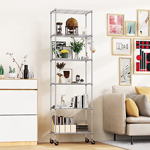 Himimi 6-Tier Wire Shelving Unit with Wheels, Height Adjustable, Heavy Duty Standing Storage Shelf with Hook for Bathroom Kitchen Garage Bedroom Silver Grey