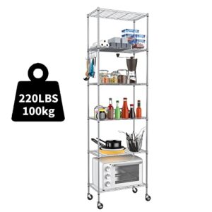 Himimi 6-Tier Wire Shelving Unit with Wheels, Height Adjustable, Heavy Duty Standing Storage Shelf with Hook for Bathroom Kitchen Garage Bedroom Silver Grey