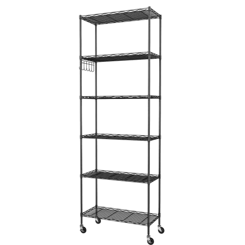 Homdox 6-Tier Storage Shelf Wire Shelving Unit Free Standing Rack Organization with Caster Wheels, Stainless Side Hooks, Black