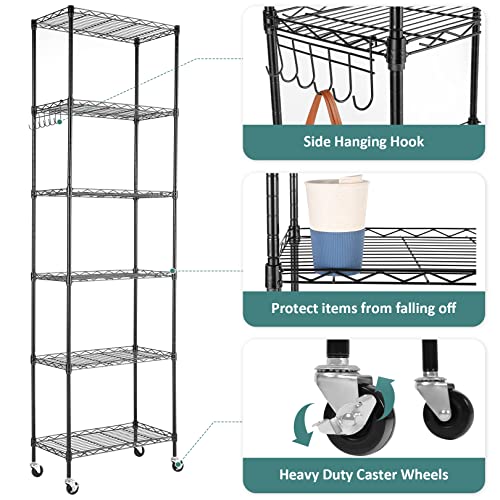 Homdox 6-Tier Storage Shelf Wire Shelving Unit Free Standing Rack Organization with Caster Wheels, Stainless Side Hooks, Black