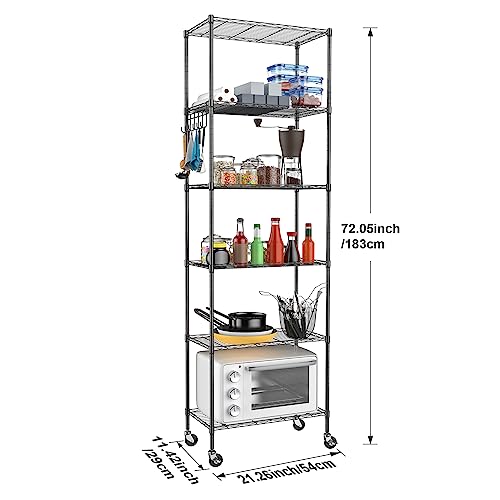 Homdox 6-Tier Storage Shelf Wire Shelving Unit Free Standing Rack Organization with Caster Wheels, Stainless Side Hooks, Black