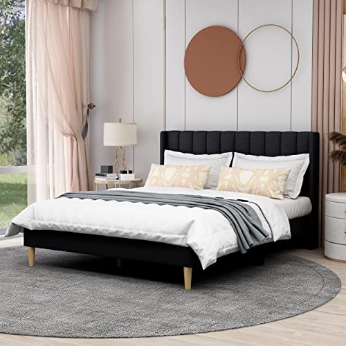 AGARTT Upholstered Platform Bed Frame Queen Size with Headboard and Footboard/Wooden Slats Support/No Box Spring Needed/Easy Assembly,Black Linen