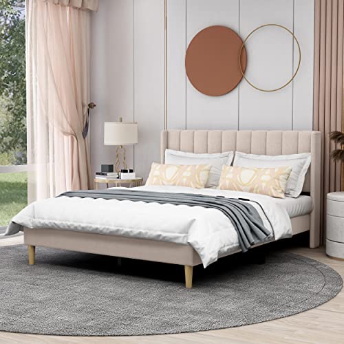 AGARTT Upholstered Platform Bed Frame Queen Size with Headboard and Footboard/Wooden Slats Support/No Box Spring Needed/Easy Assembly,Beige Linen