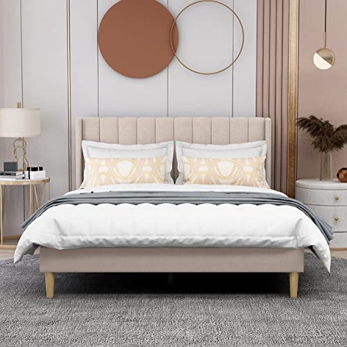 AGARTT Upholstered Platform Bed Frame Queen Size with Headboard and Footboard/Wooden Slats Support/No Box Spring Needed/Easy Assembly,Beige Linen