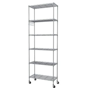 homdox 6-tier storage shelf wire shelving unit free standing rack organization with caster wheels, stainless side hooks, silver gray