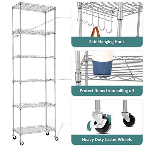 Homdox 6-Tier Storage Shelf Wire Shelving Unit Free Standing Rack Organization with Caster Wheels, Stainless Side Hooks, Silver Gray