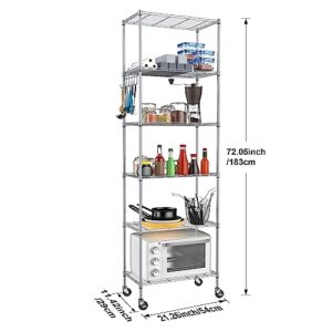 Homdox 6-Tier Storage Shelf Wire Shelving Unit Free Standing Rack Organization with Caster Wheels, Stainless Side Hooks, Silver Gray