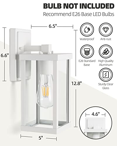 Eidonta Outdoor Wall Sconce, 2 Pack Exterior White Wall Lantern Light Fixtures with Clear Glass Shade, Waterproof Wall Mount Light, E26 Socket Modern Anti-Rust Porch Lighting (Bulb Not Included)